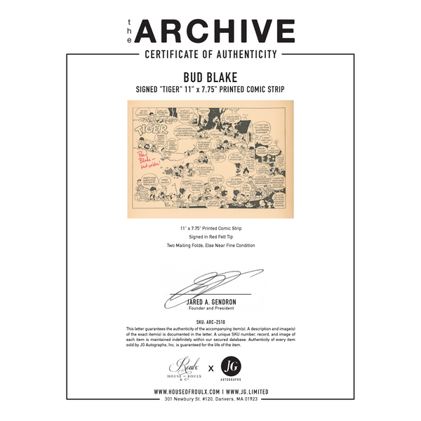 Bud Blake - Signed "Tiger" 11" x 7.75" Printed Comic Strip - House of Roulx